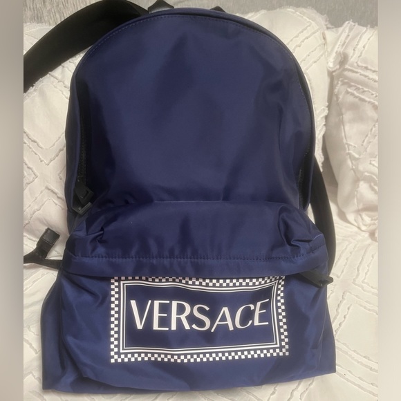 Versace | Bags | Versace 9s Box Logo Navy Blue Greca Steap Backpack ...